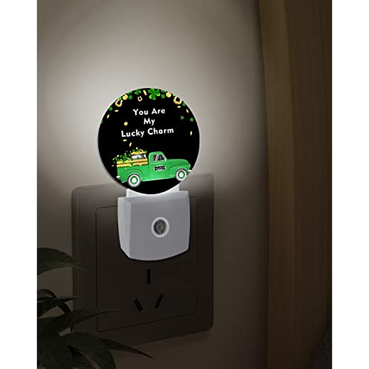 St.Patrick Day Truck Gold Coins Clover Night Lights Plug into Wall, Green Black Auto Round LED Lights with Dusk to Dawn Sensor for Bedroom, Bathroom, Hallway, Kitchen, Kids, Home Decor