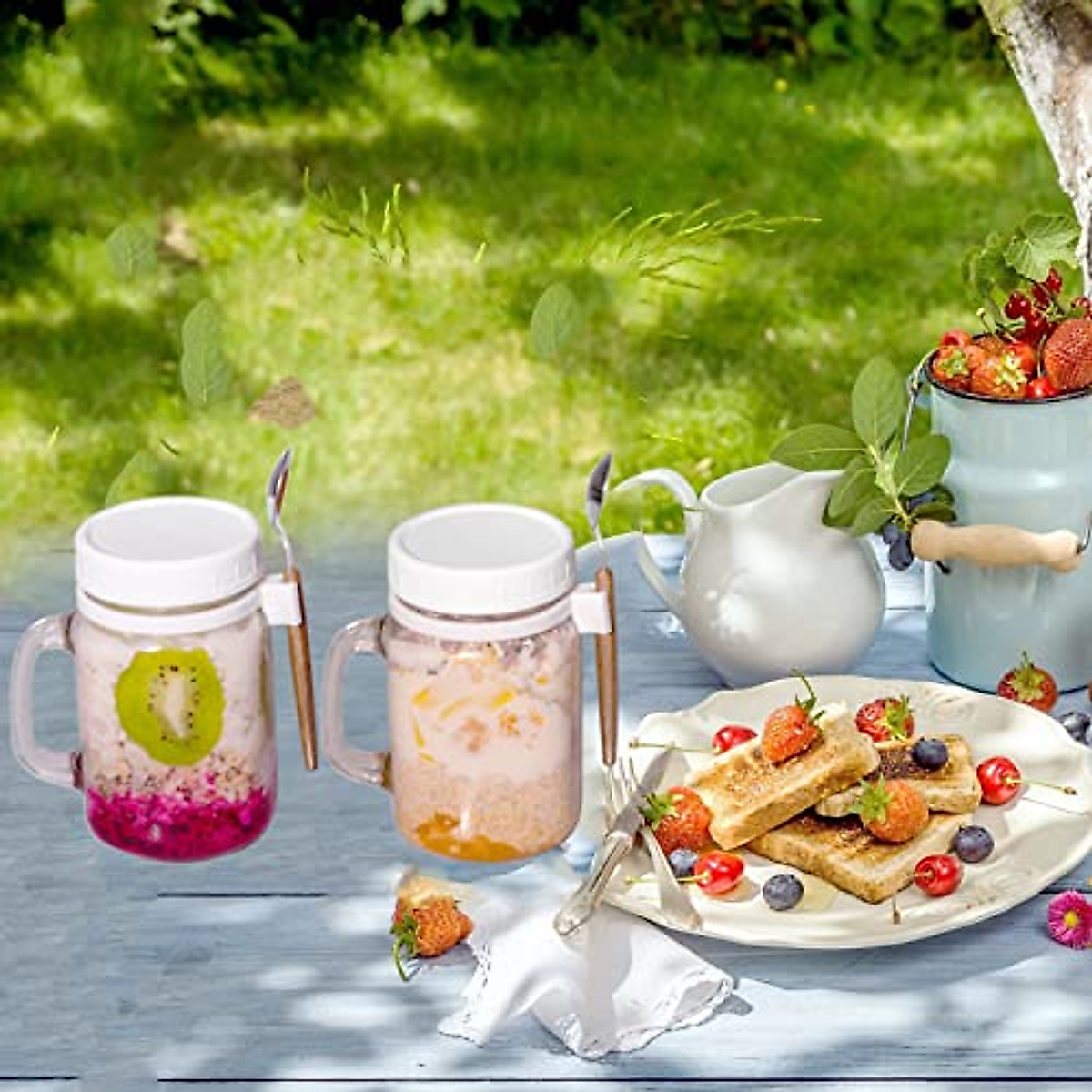 Overnight Oats Containers with Lids 16 oz 2 Pack Glass Mason Jars with Handle and Airtight Silicone Gaskets, Portable Oatmeal Container to Go for Yogurt, Milk, Cereal, Fruit, Salad, Meal Prep-Reusable