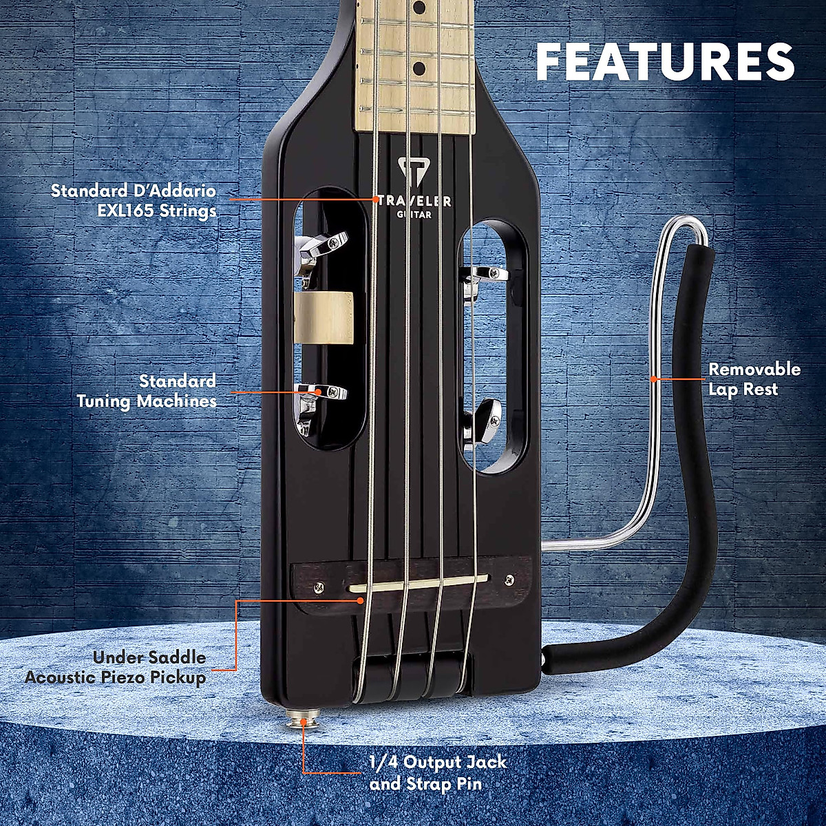 Traveler Guitar Ultra-Light Gloss Black Bass Guitar | Small Bass Travel Guitar with Removable Lap Rest | 30" Scale Portable Headless Guitar | Mini Guitar with Custom Gig Bag