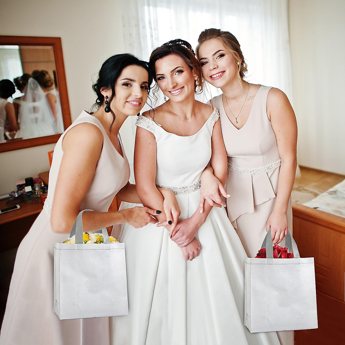 Noamus 40 Pcs 12x11 Inch Glossy Reusable Grocery Bag, Silver Glitter Gift Bags with Handle, Fashionable Non-Woven Bridesmaid Tote Bag, Durable Shopping Bag for Wedding, Bachelorette Birthday Party