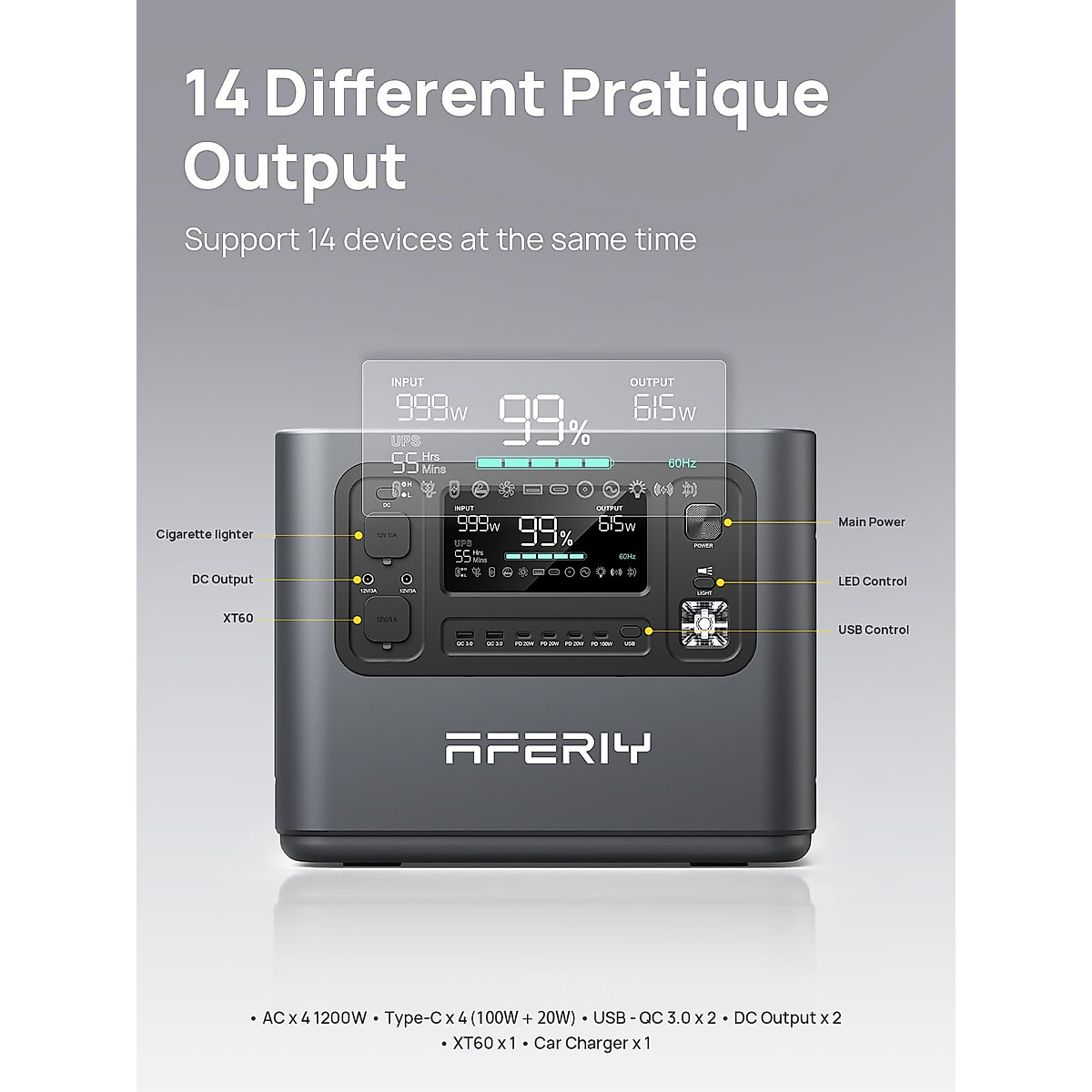 AFERIY Portable Power Station 2000W (4000Wmax) 1997Wh/624000mAh LiFePO4 UPS Pure Sine Wave, Fully Charged in 1.8 Hours, 3500 Cycles + 16 Output ports Solar Generator for Camping, RV, Home, Emergency