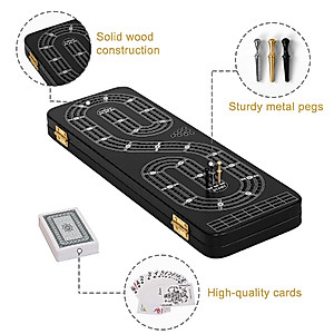 Cribbage Board Game Set 3 Tracks, 2 Storage Area, with 9 Metal Pegs,2 Decks of Playing Cards and Instruction, Wooden Travel Portable Cribbage Game Sets