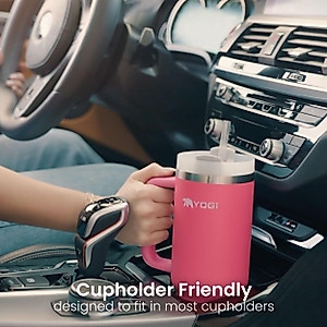 YOGI Ceramic Lined Tumbler with Handle and Straw Lid, Stainless Steel Travel Mug & Water Tumbler, Vacuum Sealed Cup with Handle - 40oz Arctic White