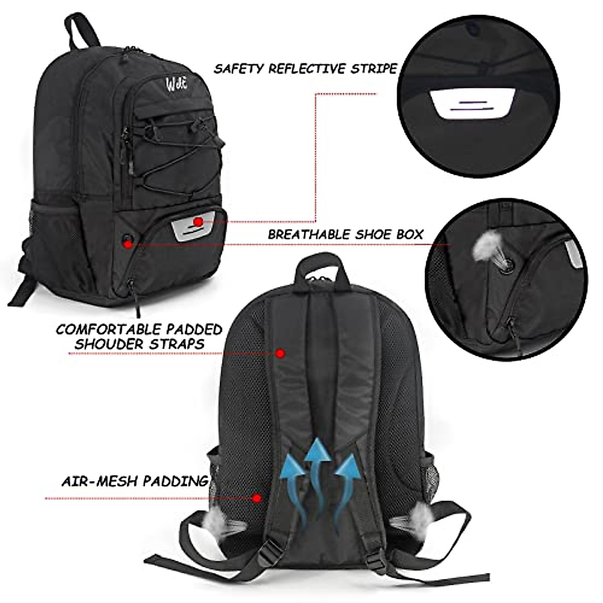 WOLT | Youth Soccer Bag - Soccer Backpack & Bags for Basketball, Volleyball & Football Sports, Includes Separate Cleat Shoe and Ball Compartment, fit to Youth & Adult (Black)