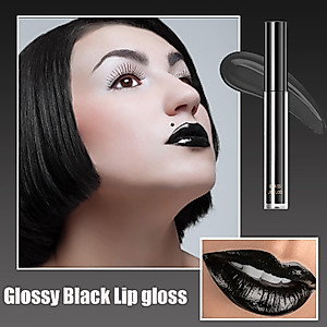 3Pcs Black Lipstick Kit, Matte Lipstick+Glossy Lip Gloss+Lip Liner Pencil, Long Wear Velvet Black Liquid Lipstick Make up Gift Set