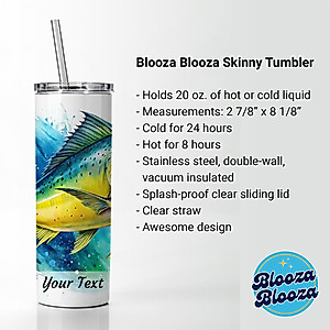 Personalized Custom Name Text Mahi Mahi Fish Watercolor Skinny Tumbler 20oz with Straw Insulated Water Bottle Gift - 1 Line Horizontal