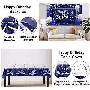 Navy Blue Birthday Decorations for Men Boys Women Girls, 80 PCS Blue and Silver Party Decorations, Happy Birthday Backdrop Banner Party Supplies Blue Silver Confetti Star Balloons Arch Tablecloth