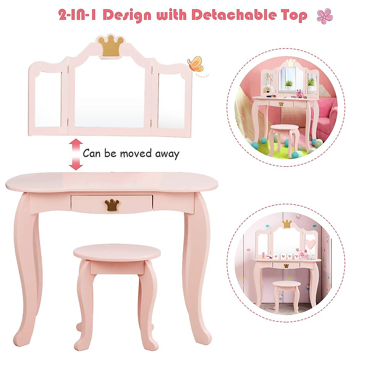 MAT EXPERT Kids Vanity Table & Stool, Princess Makeup Dresser w/Removable Tri-Folding Crown Mirror, 2 in 1 Wooden Kids Girl Vanity w/Drawer, Princess Pretend Play Makeup Dresser Gift (Pink)