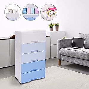 Plastic Storage Cabinet,5 Drawer Stackable Vertical Clothes Storage Tower,Lockers can be Placed in Bedrooms Bathrooms Livingrooms (Blue)
