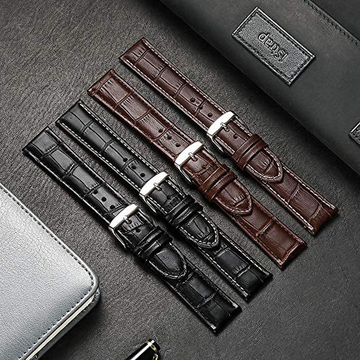iStrap Leather Watch band Alligator Grain Calfskin Replacement Strap Stainless Steel Buckle Bracelet for Men Women-18mm 19mm 20mm 21mm 22mm 24mm-Black Brown