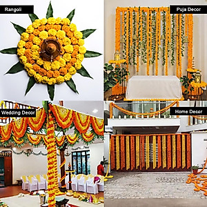 Artificial Marigold Garland for Decorations Pack of 5 - Marigold Flowers Garland for Christmas Wedding Christmas Tree New Year Ornaments (Light Yellow Red | 4 to 4.5ft) Hashcart®