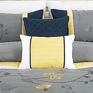 Chezmoi Collection Serene 7-Piece Luxury Autumn Floral Embroidery Comforter Set, California King, Navy/Gray/Yellow