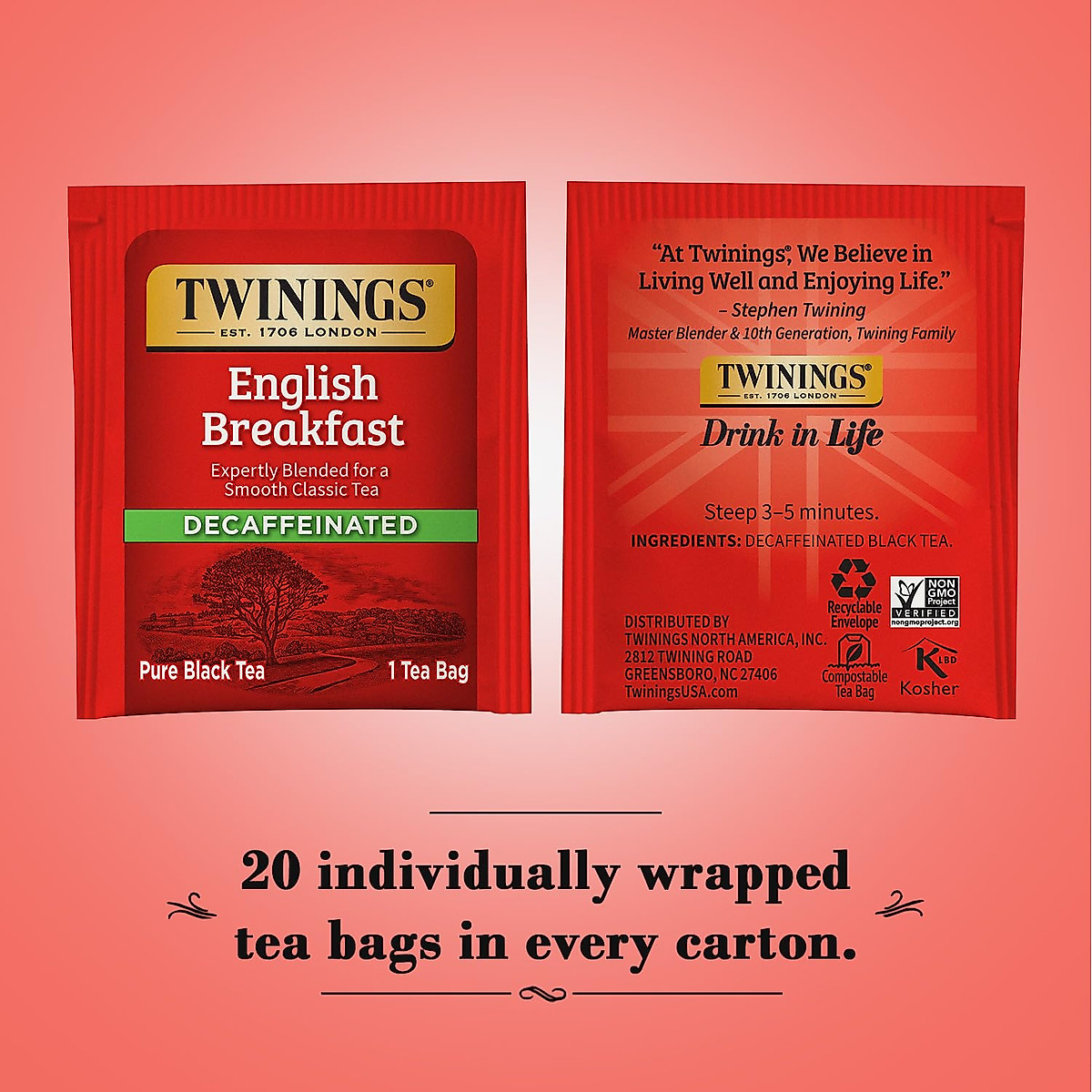 Twinings English Breakfast Decaffeinated Tea, Decaf Black Tea Bags Individually Wrapped, 20 Count Ea (Pack of 3)