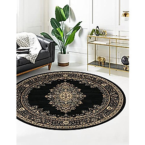 Rugs.com Amaya Collection Rug – 8 Ft Round Black Medium Rug Perfect for Kitchens, Dining Rooms