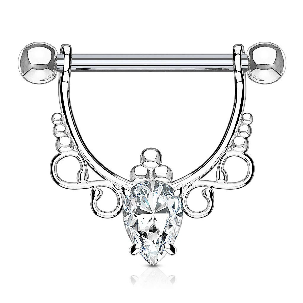 WILDKLASS Pear CZ Center with Infinite Filigree Dangle 316L Surgical Steel Nipple Rings (Clear)