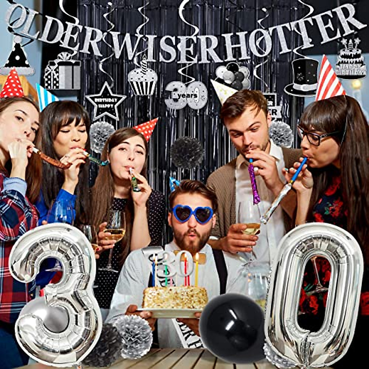 30th Birthday Decorations for Him,Black and Silver Older Wiser Hotter Banner,Sash,Cake Toppers,Hanging Swirl,Foil Fringe Curtain,Happy Birthday Balloons for Men Women Thirty Birthday Party Supplies