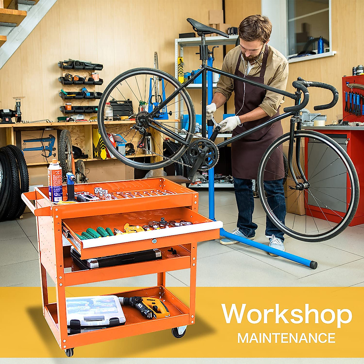 Oversized Tool Cart, Rolling Tool Cart, Mechanical Tool Storage Cart, 4-Wheel Tool Cart with Ball-Bearing Slides and Drawer Lock, Storage Cart and Tool Box for Warehouse and Garage Storage (Orange)