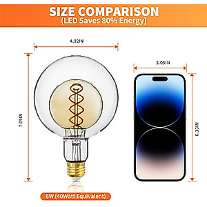 ALAMPEVER Large Globe LED Light Bulbs, Decorative Dimmable LED with 6W Equivalent to 40W Light Bulbs, 2700K Soft White, E26 Base, 300LM, CRI90, G125, Amber