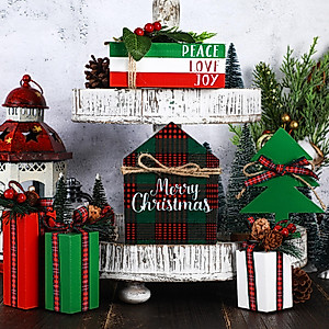 Kigley 6 Pcs Christmas Wooden Table Decorative Xmas Tiered Tray Decor Wooden Block Firework Book Sign for Xmas Home Farmhouse Table Decor(Classic)