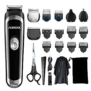 Acekool Hair Trimmer for Men, Cordless Hair Clippers 19 in 1 Waterproof Electric Beard Trimming Body Mustache Nose Ear Facial with Hairdressing Cape Kit Black