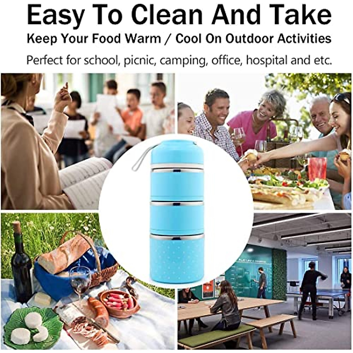 TiLeMiun Stackable Bento Lunch Box,Stainless Steel Lunch Containers With Lunch Bag & Utensil,Portable Leakproof Food Containers For Adults Kids School Picnic (Blue)