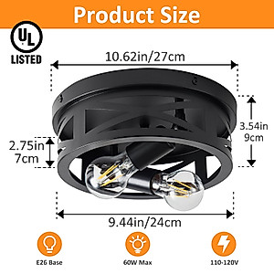 2-Light Black Flush Mount Ceiling Light Fixtures, Industrial Farmhouse Ceiling Light Fixture, Light Fixtures Ceiling Mount, Vintage Closed to Ceiling Mount Lamp for Hallway Kitchen Bedroom 2 Pack