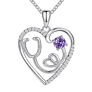 AmorAime 925 Sterling Silver Heart Necklace Nurse Necklace Stethoscope Birthstone Necklace for Doctor Medical Student for Festival, Vacation