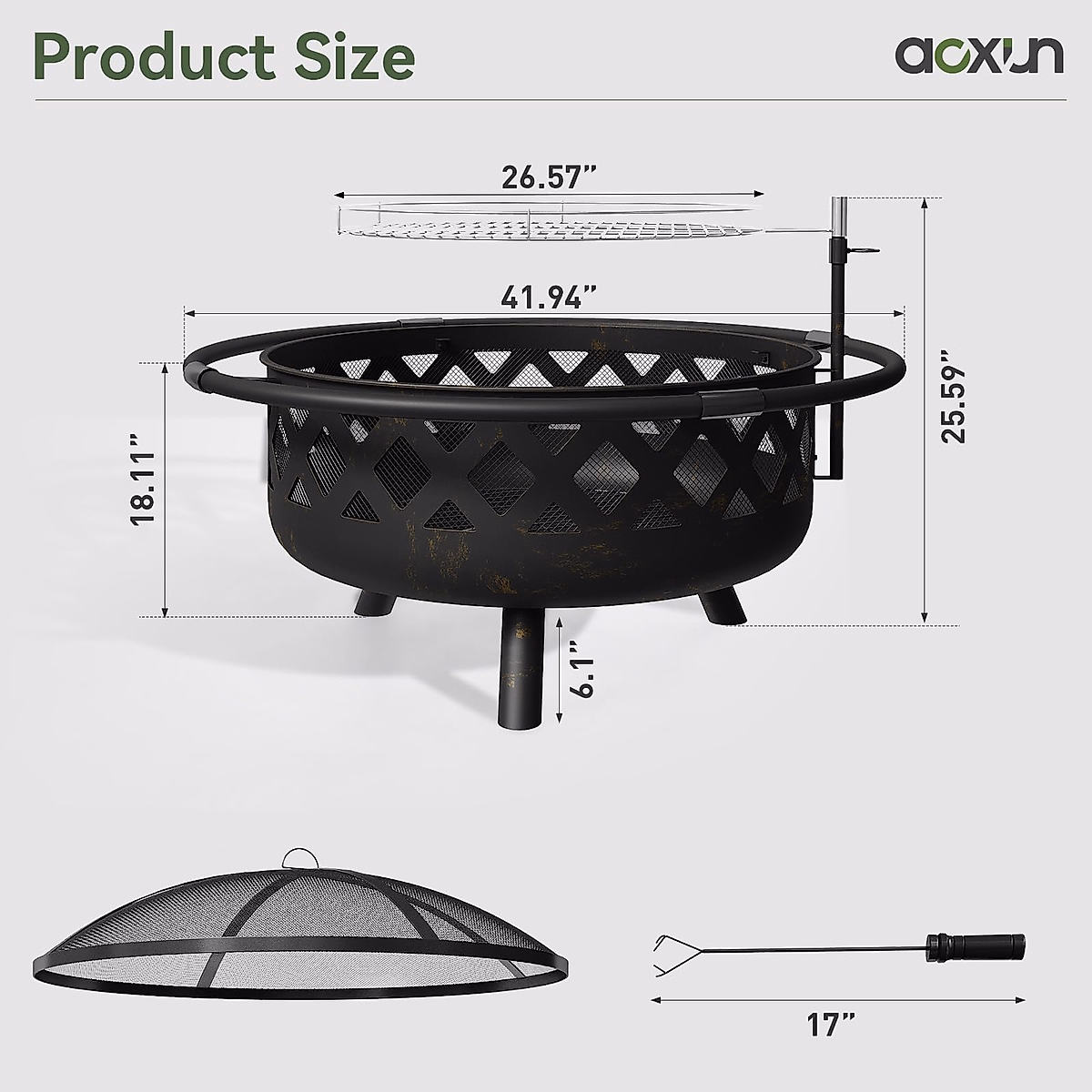 Aoxun Fire Pit, 42" Outdoor Wood Burning Fire Pit with Large Grill, BBQ Large Fire Table for Camping, Heating, Picnics