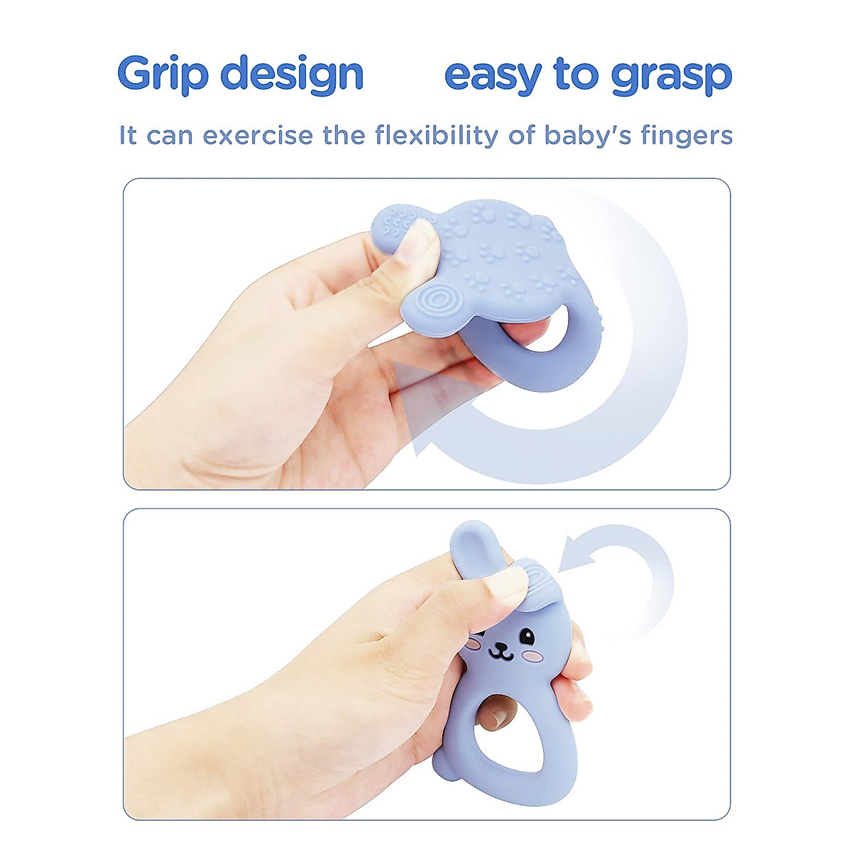Baby Teething Toys BPA-Free Cute Silicone Bunny Teethers-Easy to Hold Soft and Comfortable Help take The Stress Out of Teething,Perfect for Newborn Girls and Boys (Light Blue)