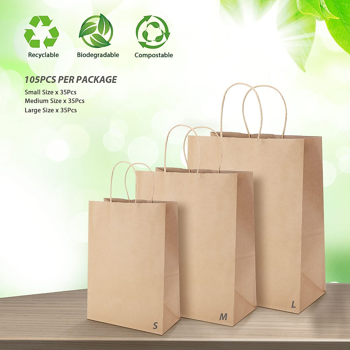 Kslong 105 Pack Brown Kraft Gift Bags with Handles, Natural Plain Kraft Paper Shopping Bags Bulk for Retail Business, Grocery, Merchandise, Craft, Birthday, Wedding, Party Favors in 3 Sizes