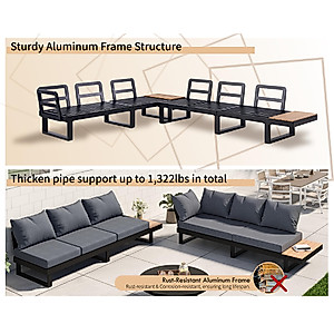 PaPaJet Aluminum Patio Conversation Set with Adjustable Backrest, 3 Piece 3 Seat Modern Outdoor Furniture Set with Wood Grain Plastic Top Side Table for Backyard Poolside Porch, Gray