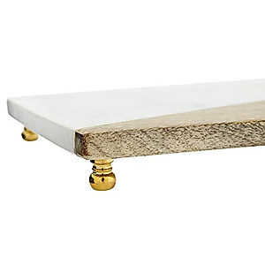 Creative Co-Op DF2367 Mango Wood & Marble Cutting Board/Serving Brass Feet Pedestal Tray, White