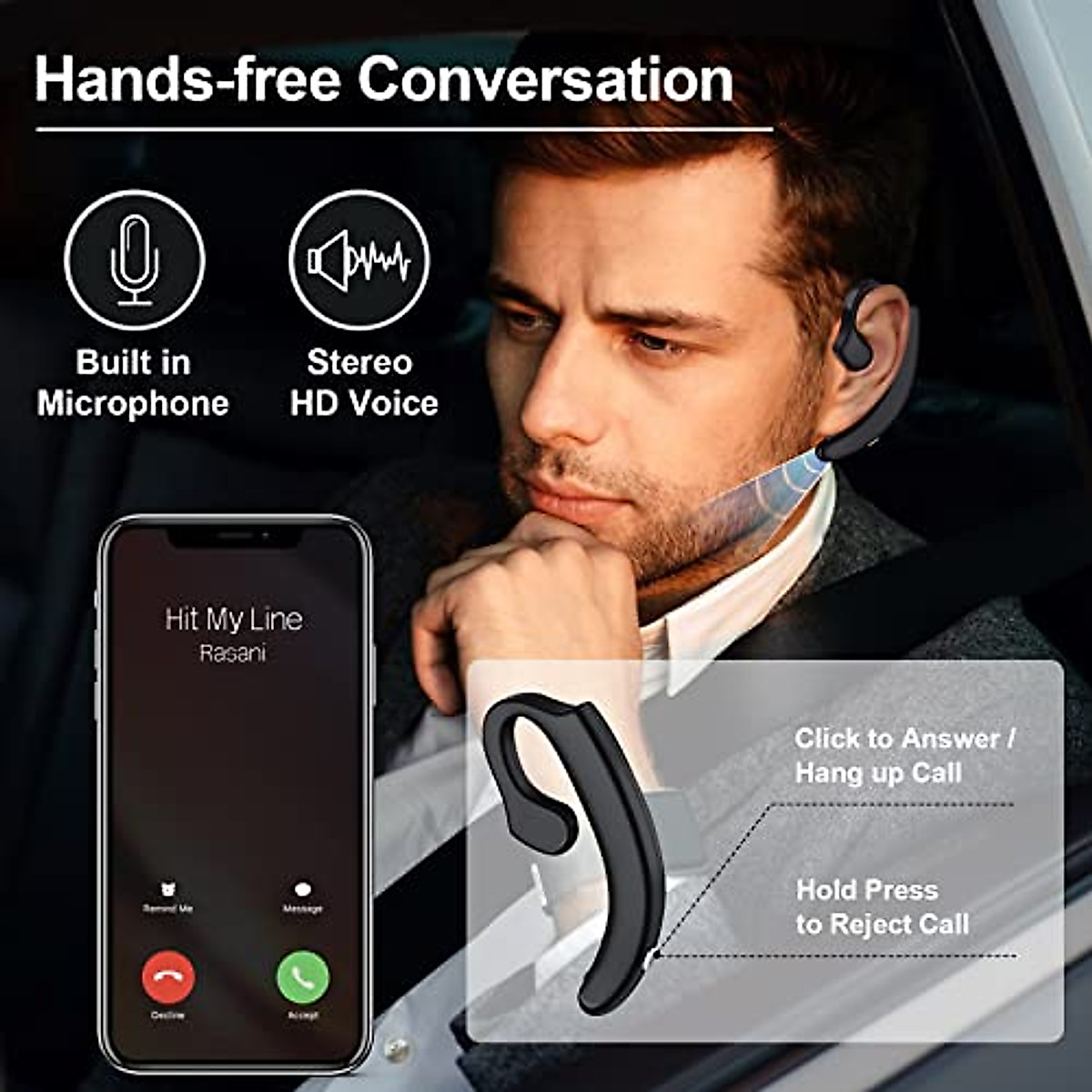 Bluetooth Headset Bone Conduction Headphones Cell Phones Earpiece Wireless Bluetooth Headphones Open Ear With Microphone Stereo Sport Workout Earphones for iPhone Android for Running Driving, Black