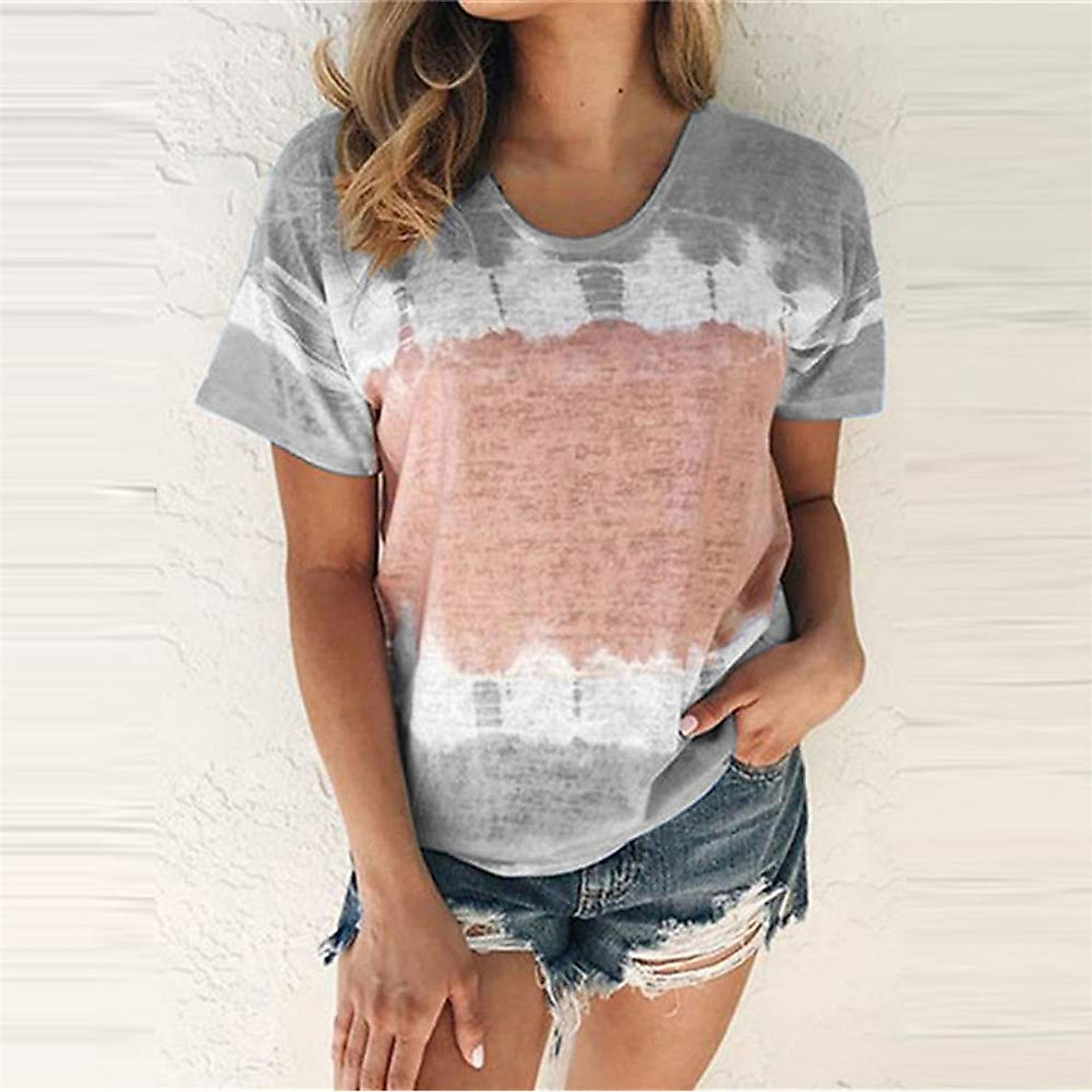 Aniywn Plus Size T-Shirt,Women Summer Casual O-Neck Short Sleeve Printing Patchwork Tunic Tops Basic Shirts Gray