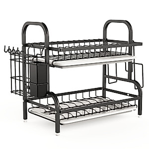 DUCHIFAD Dish Drying Rack, 2-Tier Dish Racks for Kitchen Counter, Sink Dish Drainer with Drainboard, Utensil Holder and Cutting Board Holder, Stainless Steel Kitchen Drying Rack-Black