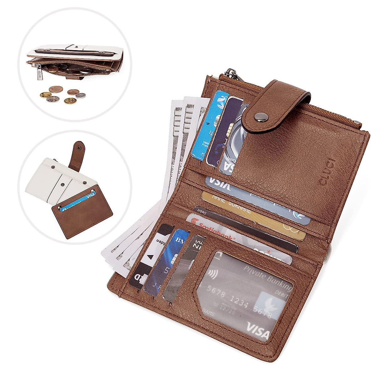 CLUCI Small Wallet for Women Leather Bifold Multi Mini Card Holder Organizer Designer Ladies Zipper Coin with Removable ID Window 0 Beige with Brown