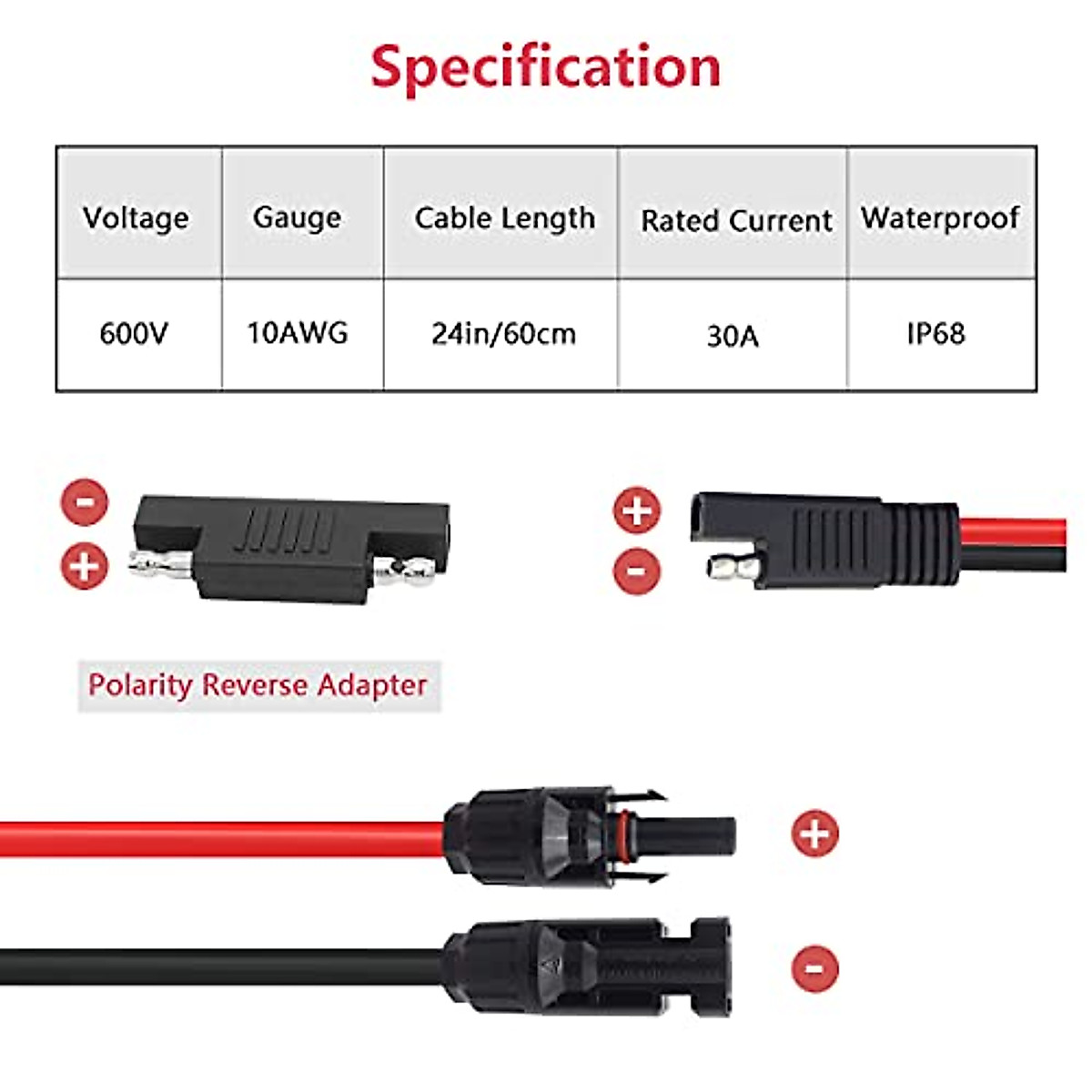 Billion wealth 23.6 inch 10AWG Solar Panel Connector to SAE Adapter Extension Cable Compatible with Solar Panels Kit