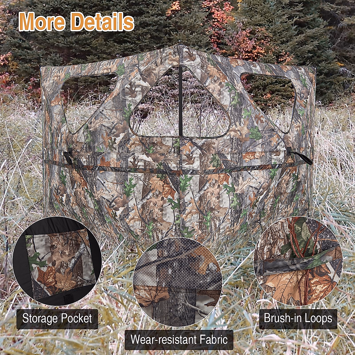 HAPPYGRILL Hunting Blind 2-Panel Pop Up Ground Hunting Blind with 3 Shoot Through Ports, Camo Concealment, Brush-in Loops, High Wind Stability, Easy-Setup Hunting Fence for Deer Turkey
