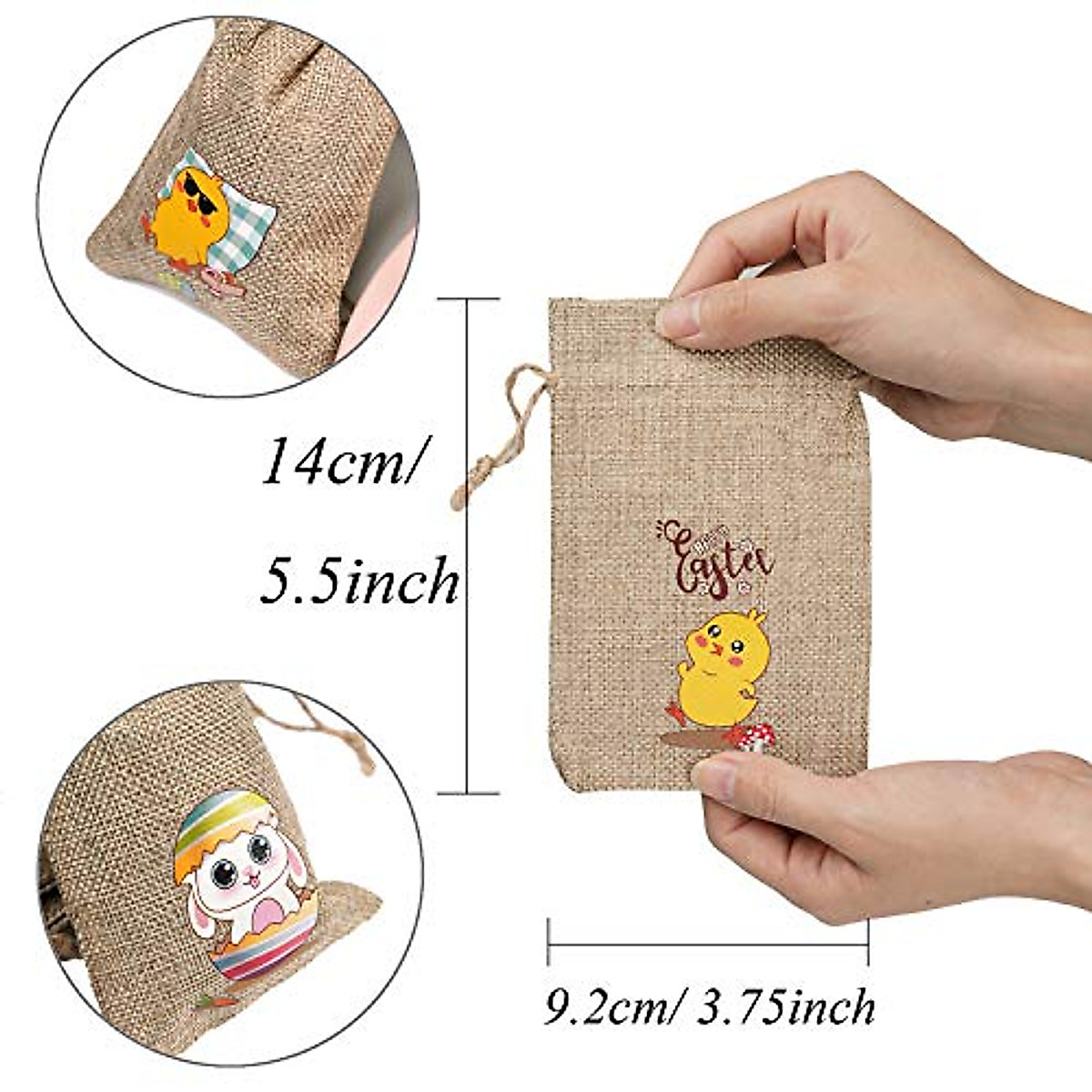DIYASY 36 Pcs Easter Burlap Goody Bags,Egg Bunny Chick Treat Drawstring Linen Bags for Easter Party Favor.
