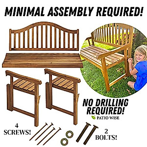 Patio Wise Foldable Acacia Wood Garden Bench, 4-Foot Indoor/Outdoor Wooden Porch, Patio, & Park Seating, Curved Backrest & Armrest, 48-Inches Wide x 24-3/4-Inches Deep x 41-Inches High, Teak Color