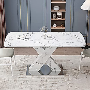 HomSof, White Modern Dining Stretchable Function, Marble Top, MDF X-Shape Table Leg and Metal Base, 62.99" Square