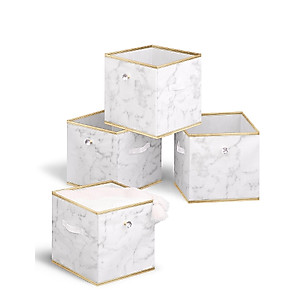 MYTHAUS Storage Cubes Fabric Bins - Foldable Cube Storage Bin,Closet Organizer with Decorative Knob,Dual Handles Storage Basket,13 Inch for Nursery/Home Office/Closet 4 Pack(White Marble)