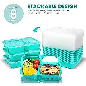 Glotoch Meal Prep Container Reusable, 34 oz 3 Compartment To Go Plastic Food Prep Containers,Disposable Divided Food Storage Containers with Lids for Leftover,BPA Free,Microwave Safe,Green 8 Pack