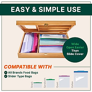 WIZLIV Ziplock Bag Organizer – Large Bamboo Drawer Organizer for Gallon, Quart, Sandwich and Snack Bags – Food Storage Bag Dispenser – Plastic Bag Holder for Kitchen Drawer Organization