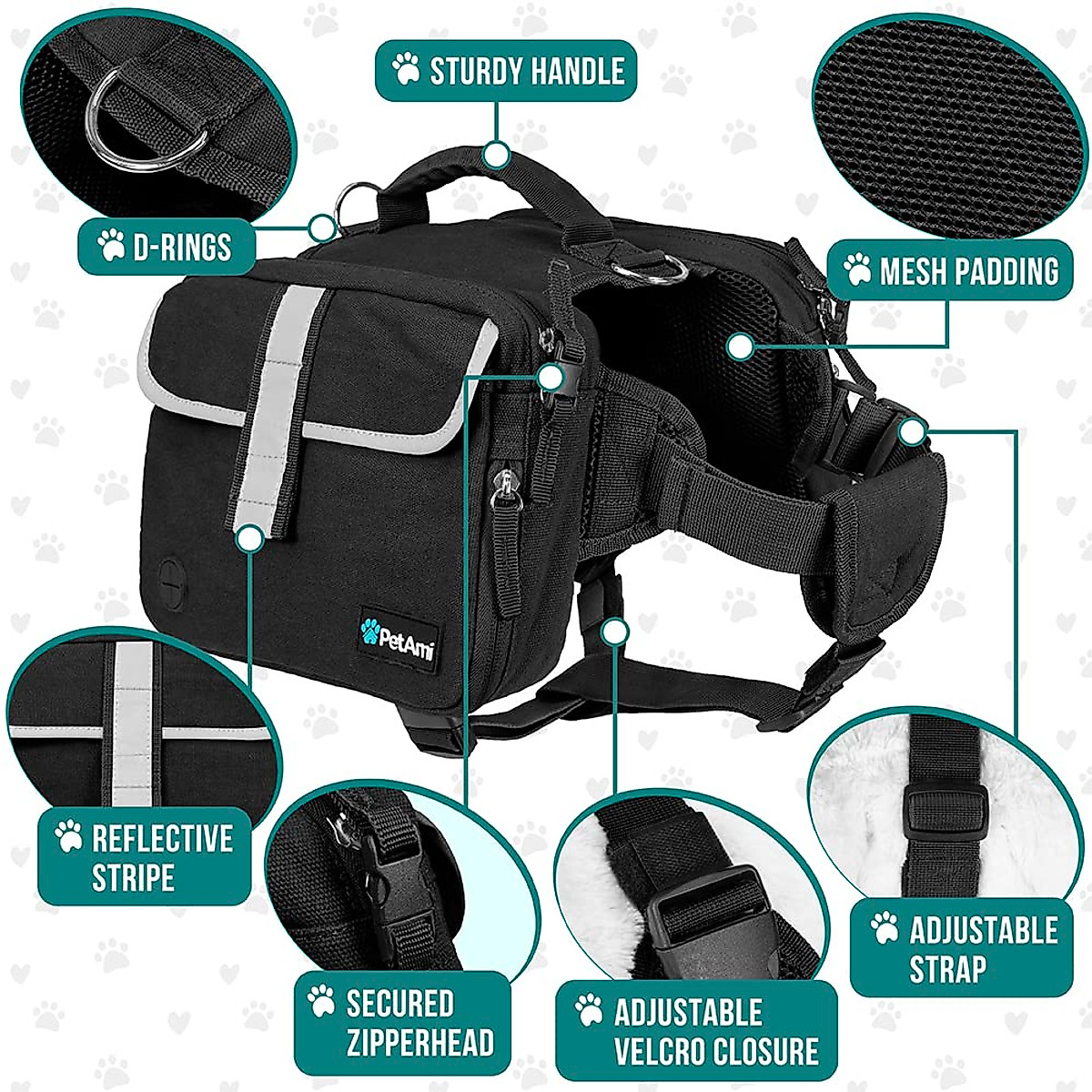 PetAmi Dog Backpack for Medium Large Dogs, Dog Saddle Bag For Dogs to Wear, Tactical Harness Saddlebag with Reflective Safety Side Pockets for Hiking, Camping, Vest Dog Pack for Travel (Black, Medium)
