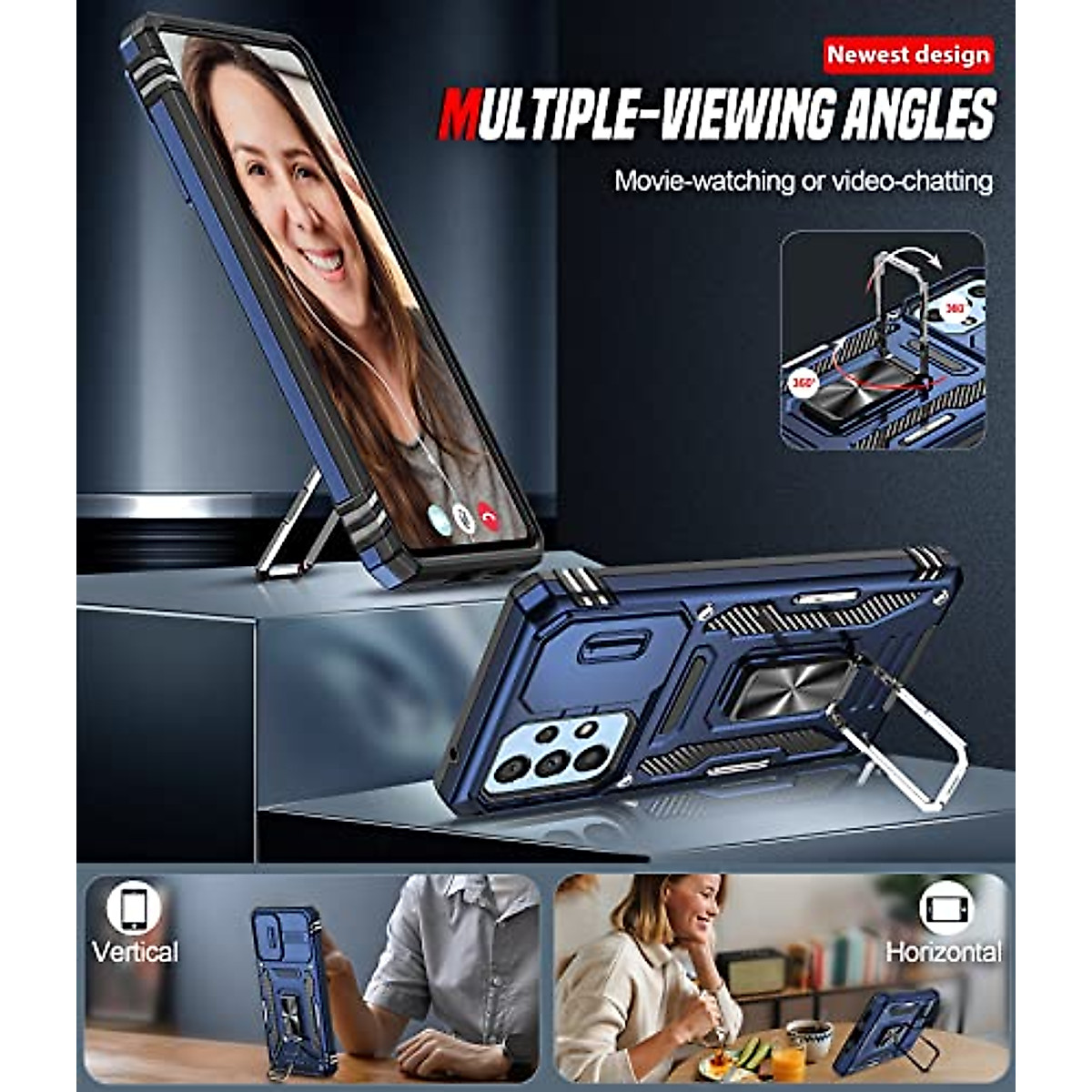 LeYi for Galaxy A53 5G Case: Samsung A53 5G Case with Slide Camera Cover + [2 Packs] Screen Protector, Full Body Military-Grade Case with Upgarde Kickstand for Samsung A53 5G, Navy Blue