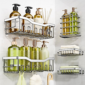 XIWAMA Shower Organizer No Drilling, 5 Pack Rustproof Stainless Steel Shower Shelves, Thickened Shower Caddy with Soap Holder and Hooks, Large Capacity Shower Shelf for Bathroom and Kitchen (Silver)