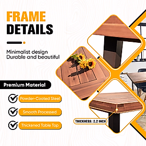 Flamaker Dining Table for 6 FSC Acacia Wood Indoor Outdoor Home Kitchen Table with Iron Legs Large Rectangular Patio Table for Deck, Sunroom (Walnut)