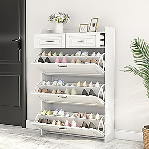 HANLIVES Shoe Cabinet for Entryway, White Narrow Shoe Storage Organizer with 3 Doors 2 Drawers,Flip Down Shoe Rack Wood 4 Tier Shoe Storage Cabinet for Hallway, Living Room,Home and Apartment