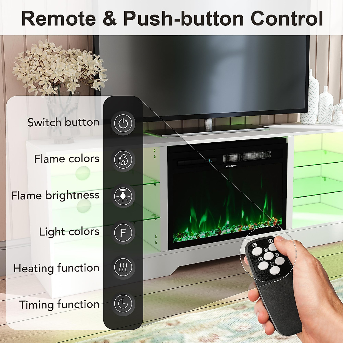 COCO DESIGN Fireplace TV Stand with 23" Fireplace, Electric Fireplace TV Console for TVs up to 75", LED Lights Wood and Glass Entertainment Center & Remote Control, White